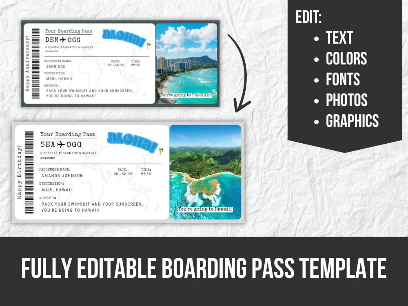 Editable Boarding Pass Template, Hawaii Boarding Pass, Printable ...