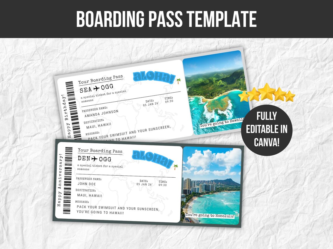 Editable Boarding Pass Template, Hawaii Boarding Pass, Printable ...
