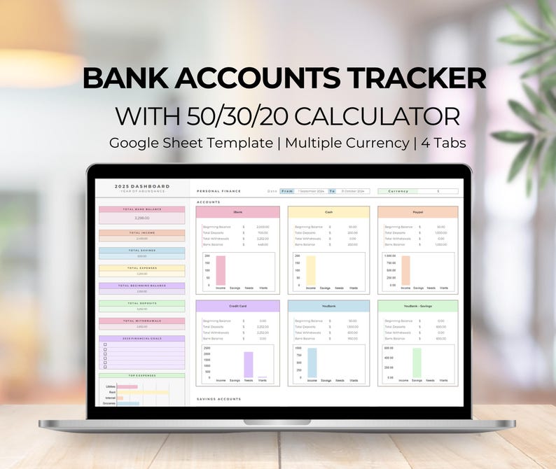 2025 Budget Planner Google Sheets Multiple Bank Account Tracker 50/30 ...