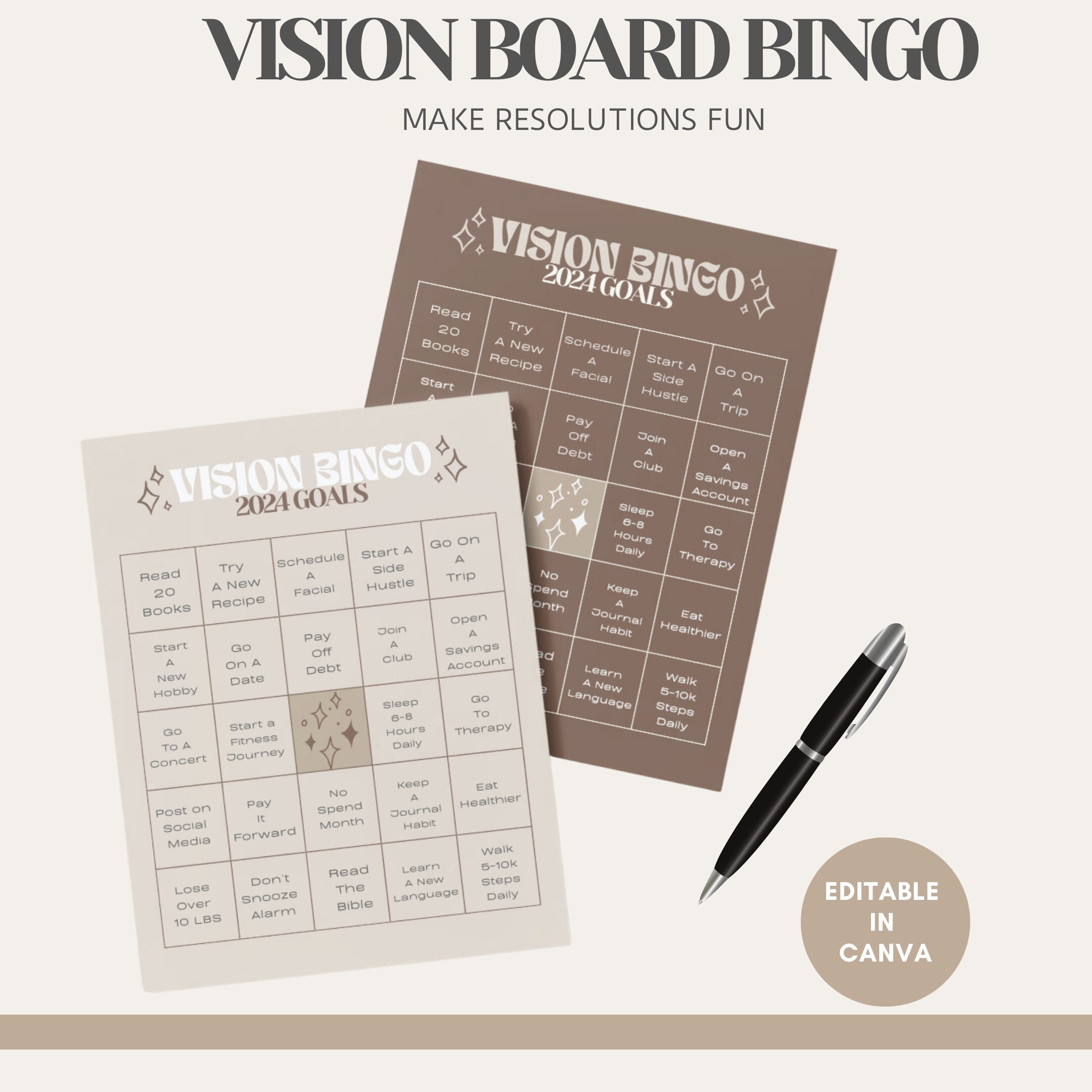 2024 Vision Bingo Card, Vision Bingo, New Year Bingo Card, Neutral ...