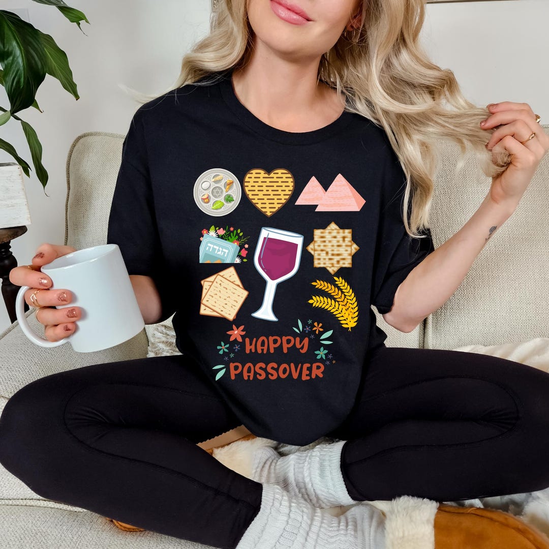 Passover Icons T-shirt, Jewish Holiday Shirt With Matzah, Wine, Seder ...