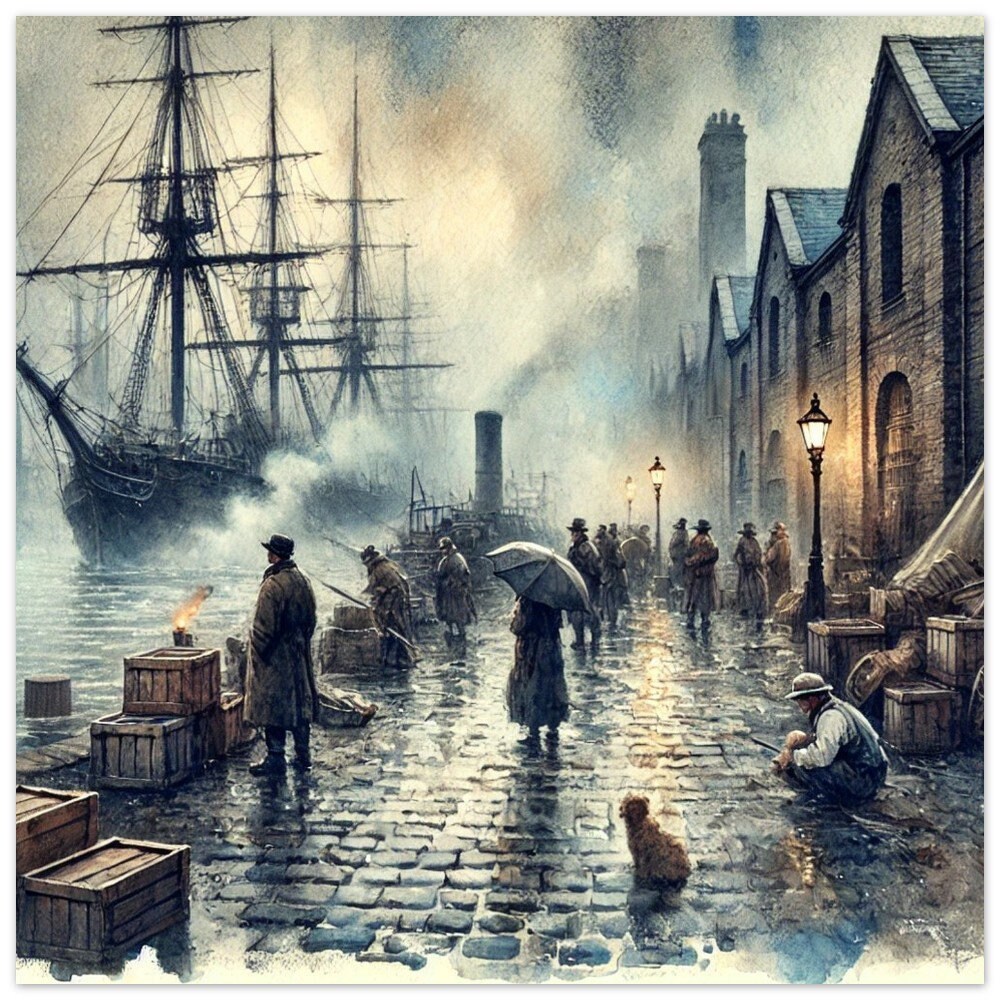 Dockyard Watercolor, Historic Art, Victorian Docks, Nostalgic Rainy Day, Maritime Lovers Art ...