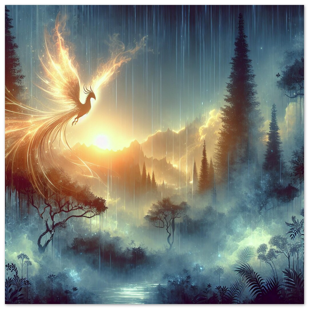Phoenix Sunrise Over the Forest | Phoenix Print | Mystical Watercolor ...