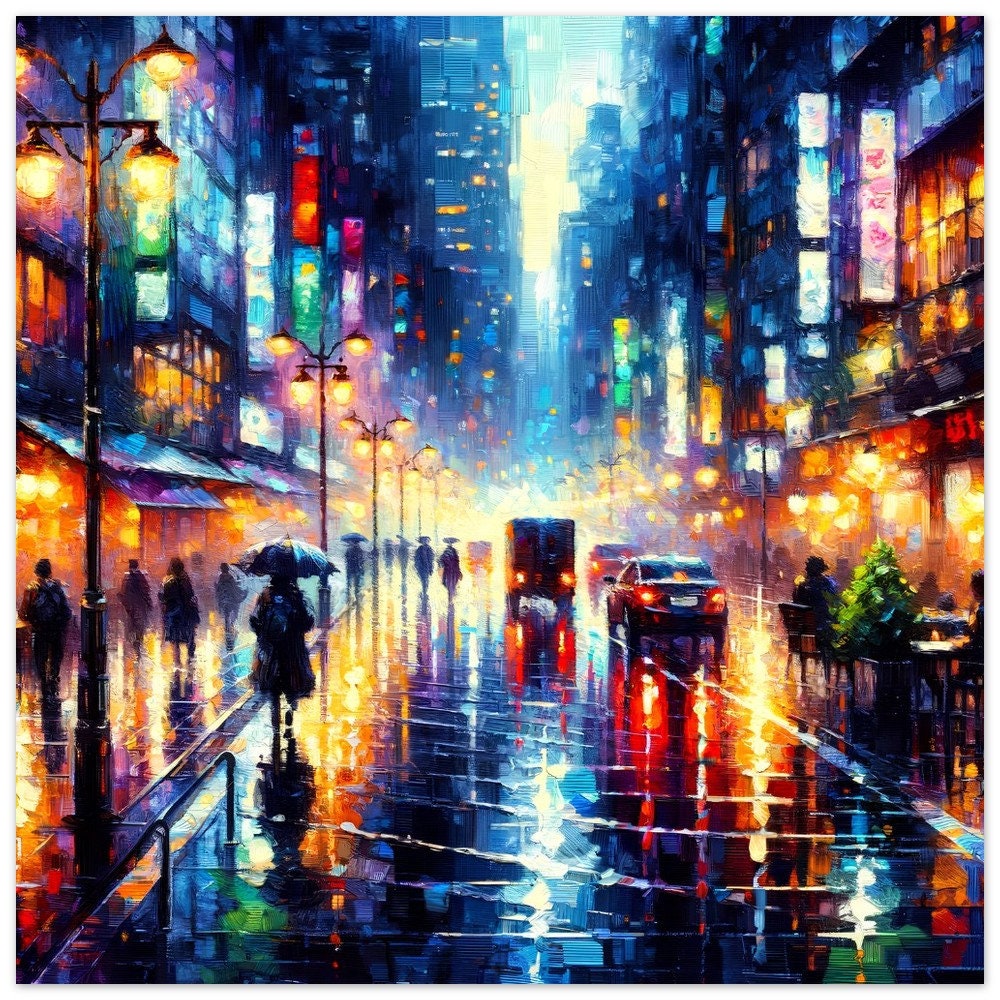 Impressionistic City Street Night Poster: Vibrant Rainy Evening Framed ...