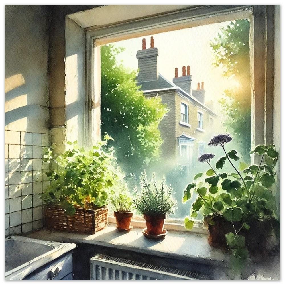 Herb Garden Window Sill Watercolor Herb Garden Watercolor Art Sunlit ...