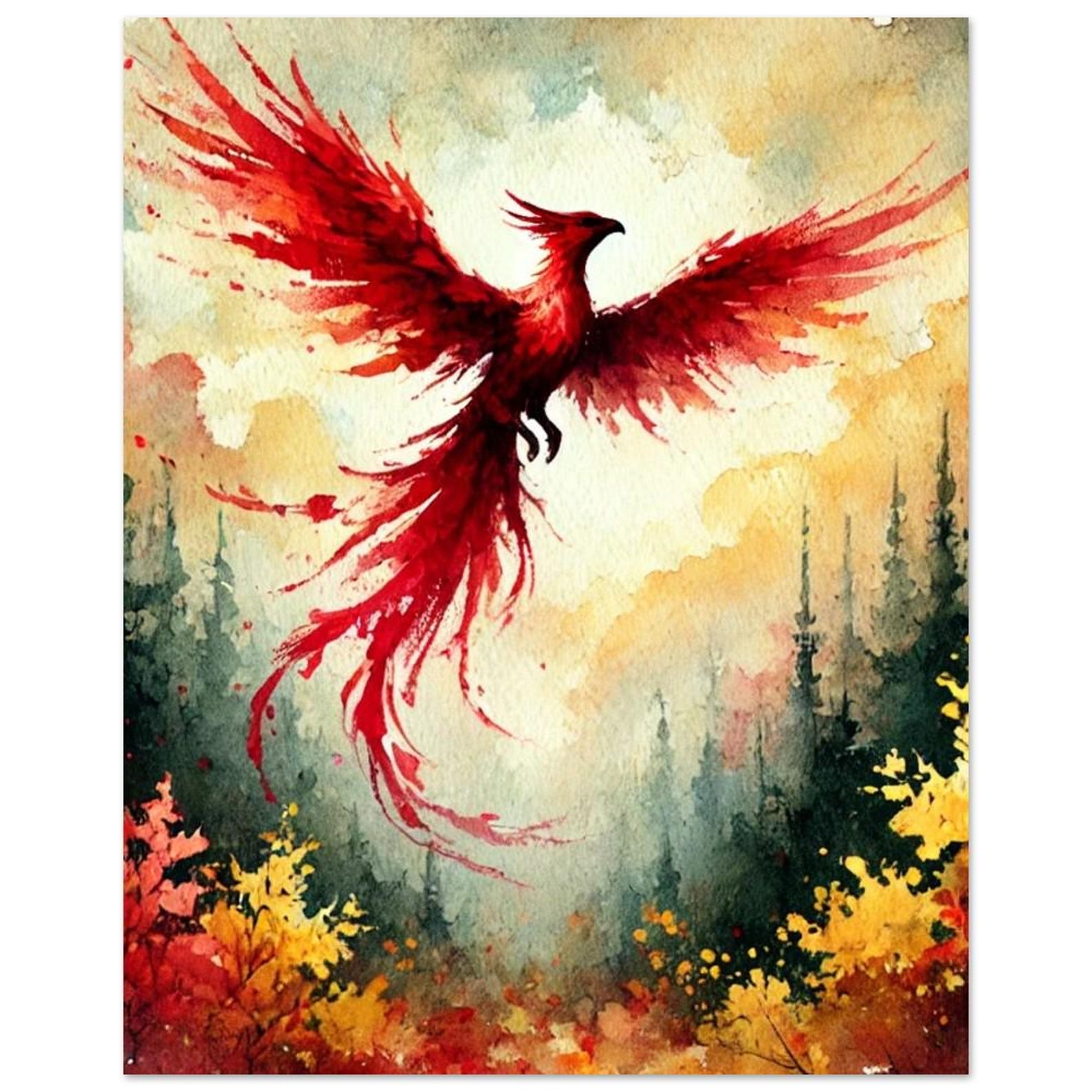 Phoenix Watercolor Art | Majestic Phoenix Flying Over Autumn Forest ...