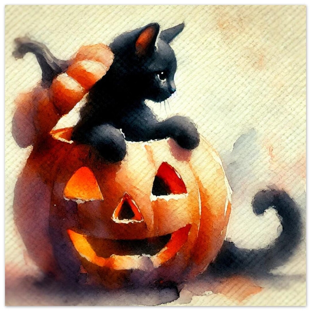 Black Cat in Pumpkin Watercolor Art Cute Halloween Cat Decor Fall ...