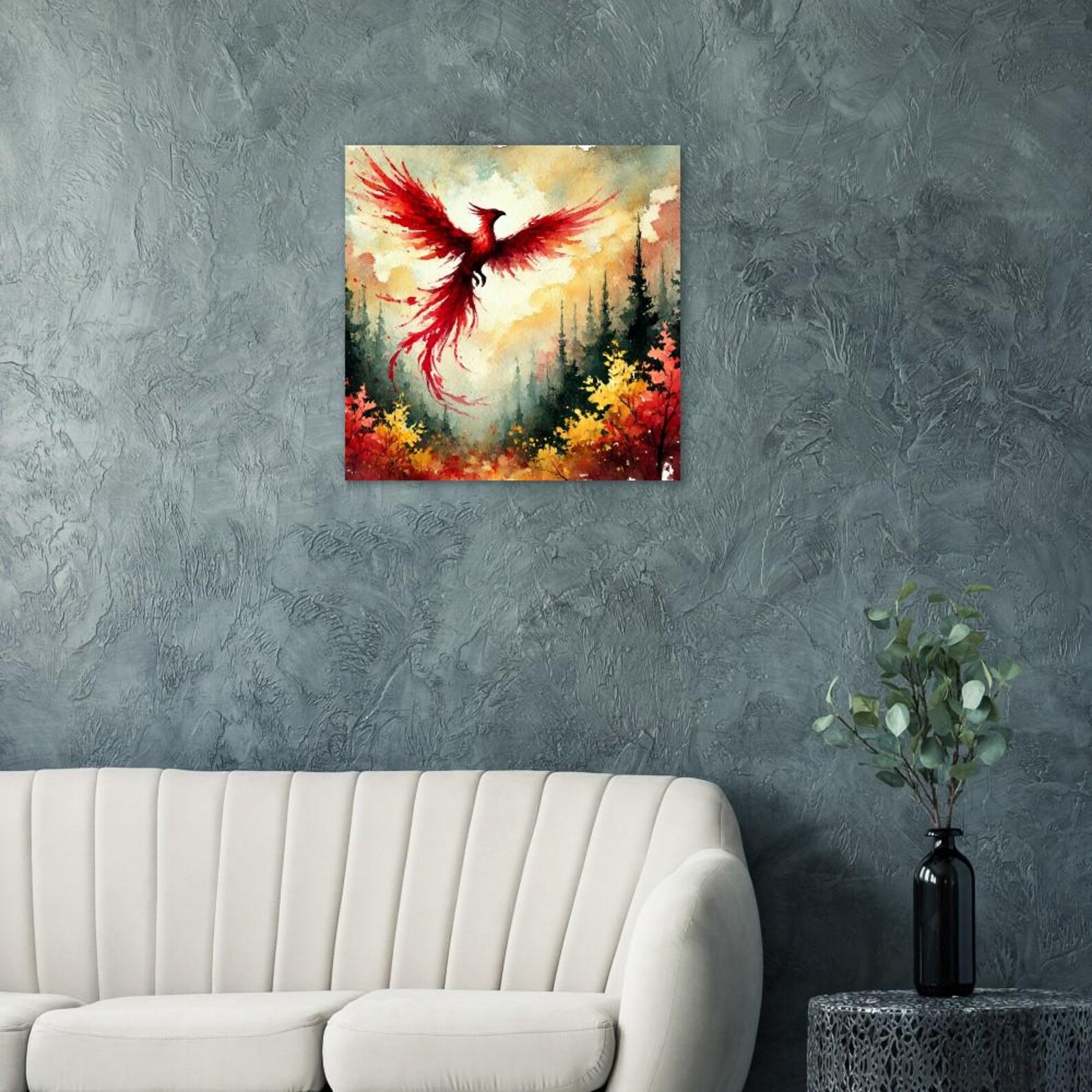 Phoenix Watercolor Art | Majestic Phoenix Flying Over Autumn Forest ...