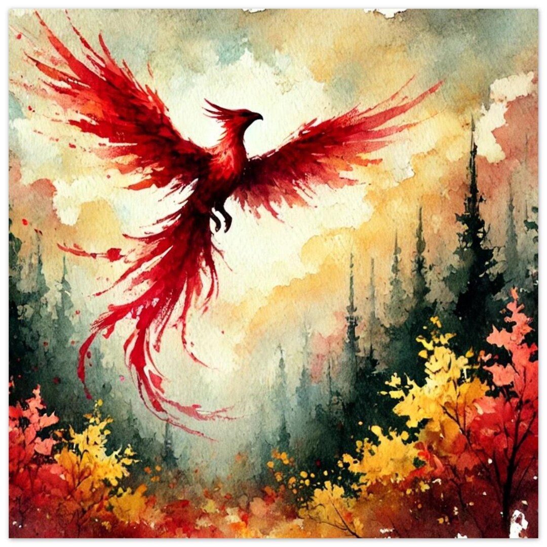 Phoenix Watercolor Art | Majestic Phoenix Flying Over Autumn Forest ...