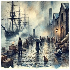 Dockyard Watercolor, Historic Art, Victorian Docks, Nostalgic Rainy Day ...