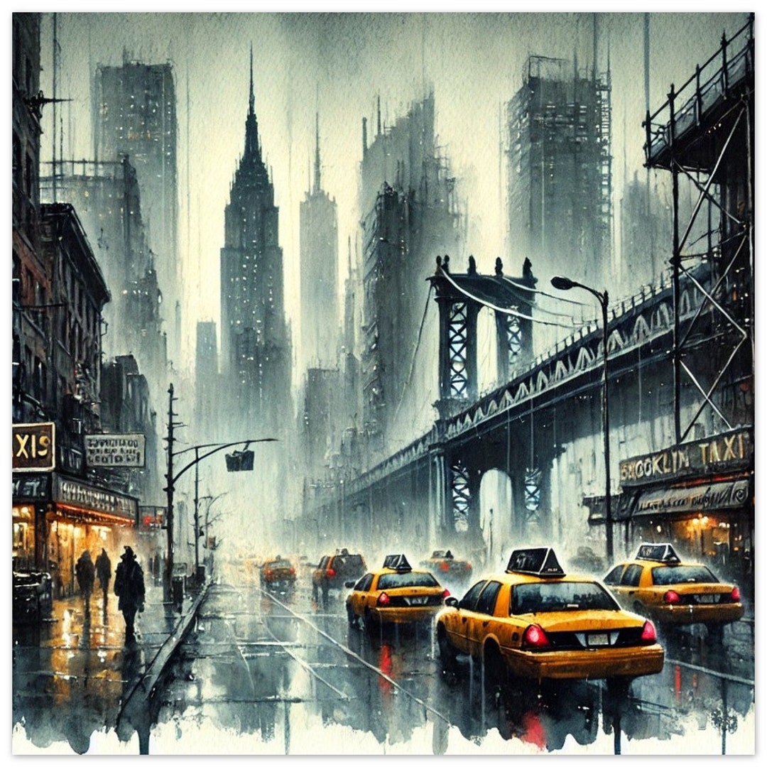 New York City Rainy Day Watercolor Art Print Brooklyn Bridge, Yellow ...