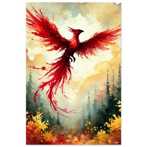 Phoenix Watercolor Art | Majestic Phoenix Flying Over Autumn Forest ...
