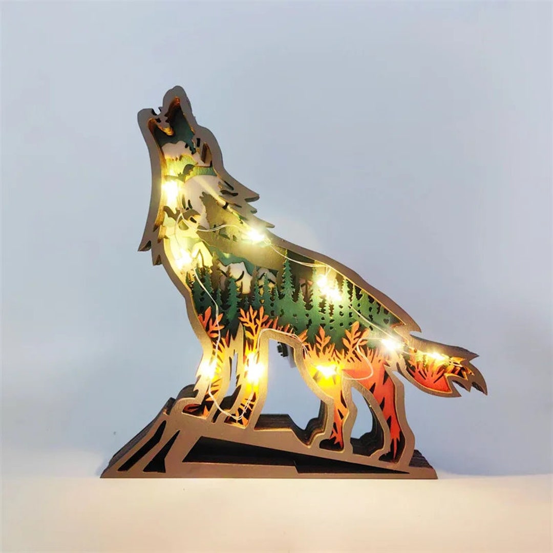 Handmade 3D Wooden Wolf Statue Night Light With LED Lights Home Decor ...