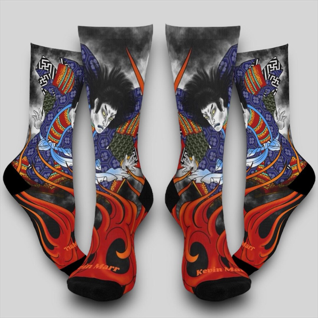 SAMURAI Socks, Japanese Tattoo Ukiyoe Style Warrior With Fire and ...