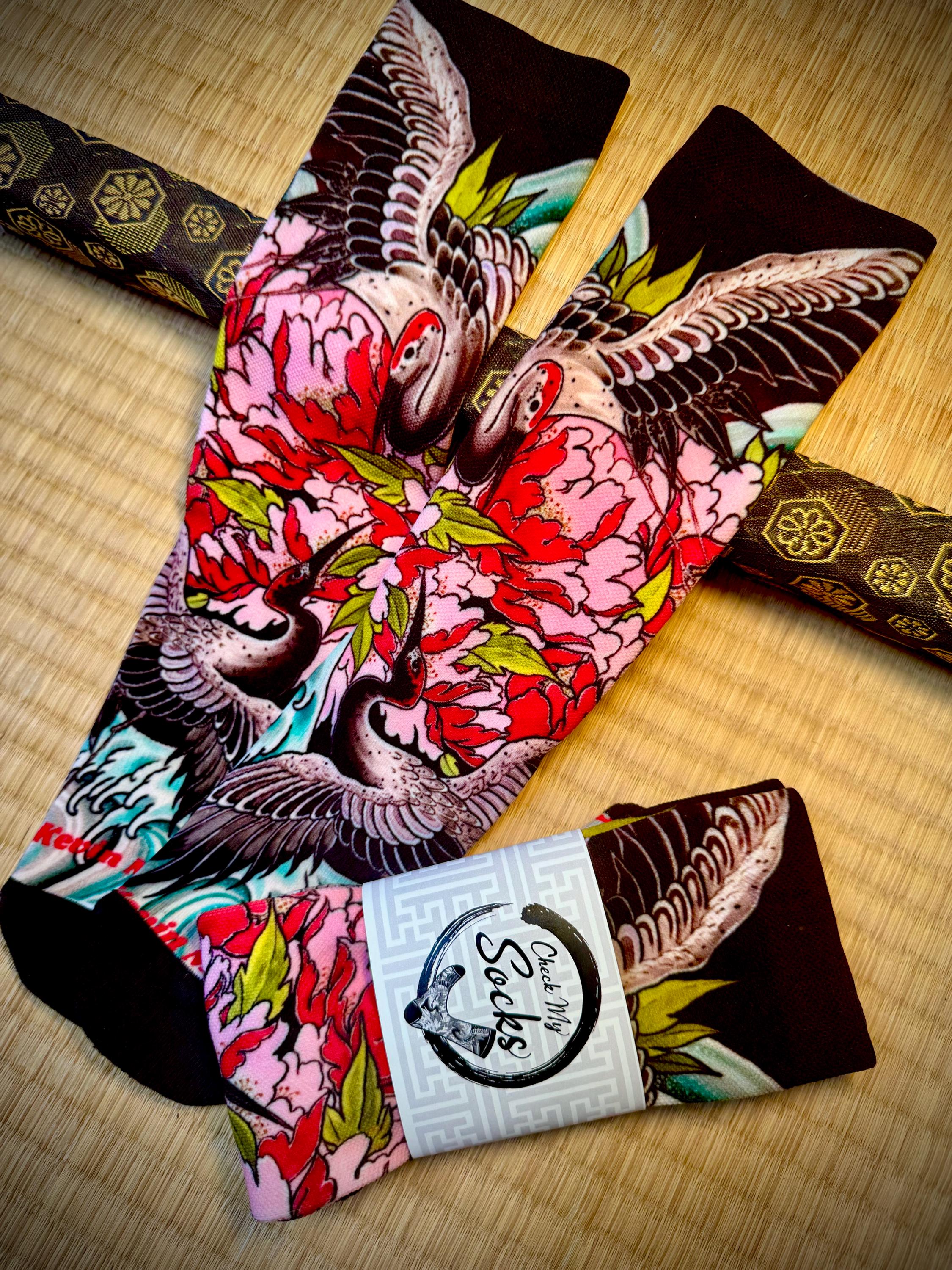 Japanese Tattoo Art Crane & Peony Socks | Unique Colorful Floral Design ...