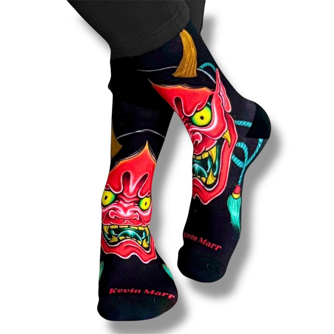 Red Hannya Tattoo Socks. Colorful Japanese Style Tattoo Art With Custom ...