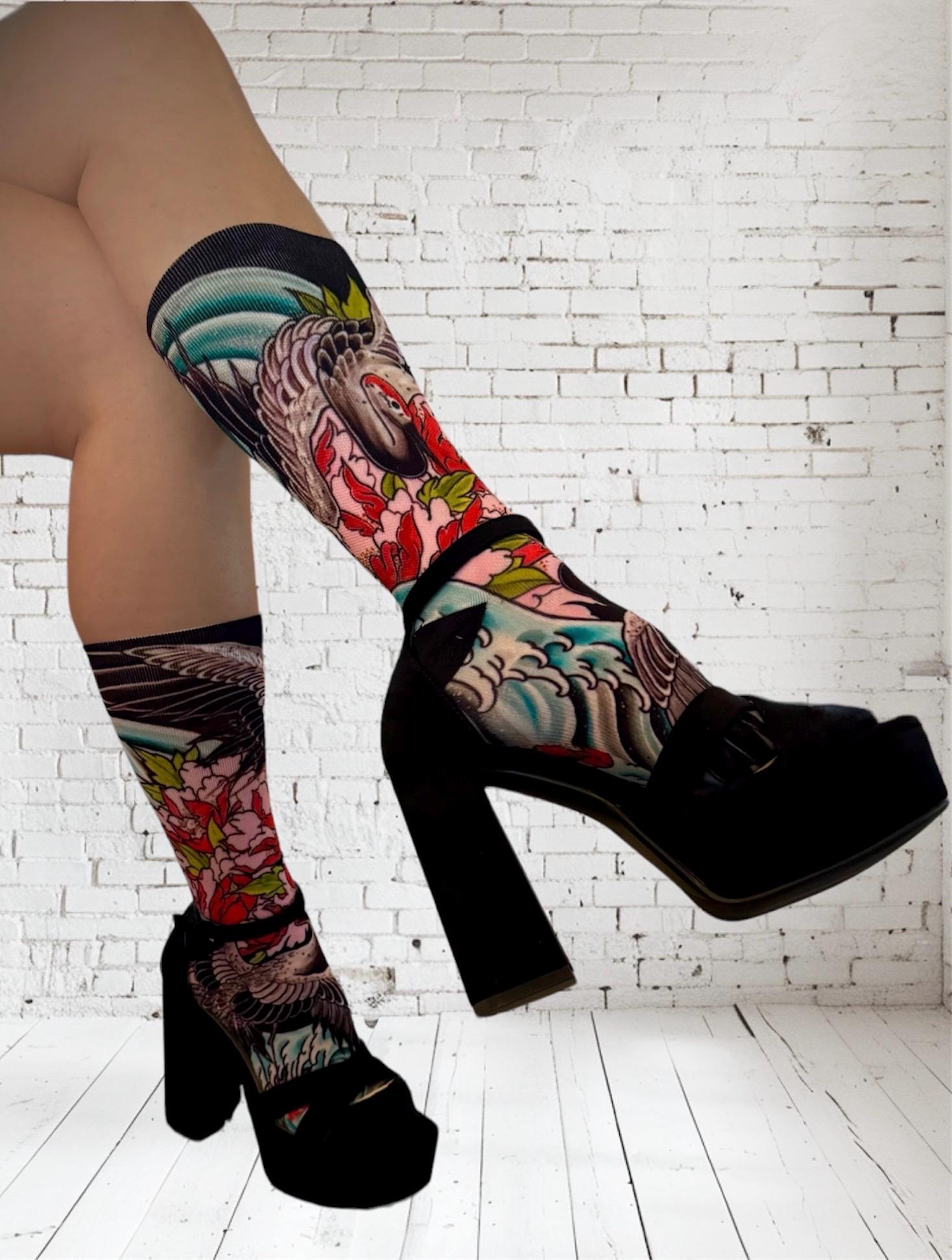 Japanese Tattoo Art Crane & Peony Socks | Unique Colorful Floral Design ...