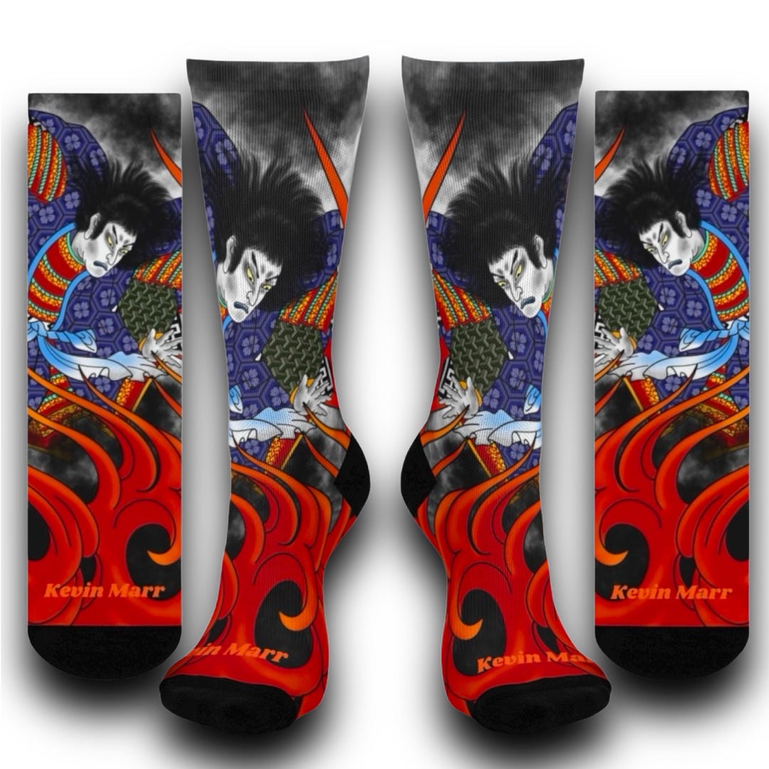 SAMURAI Tattoo Socks, Japanese Ukiyoe Style Warrior With Fire and ...