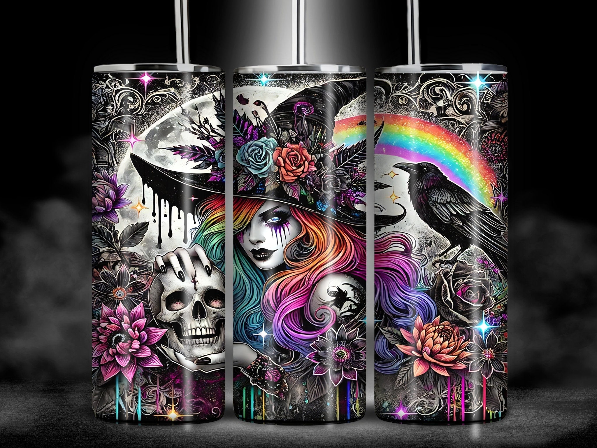Gothic Rainbow Witch 20oz Skinny Tumbler Wrap, Skull and Crow ...