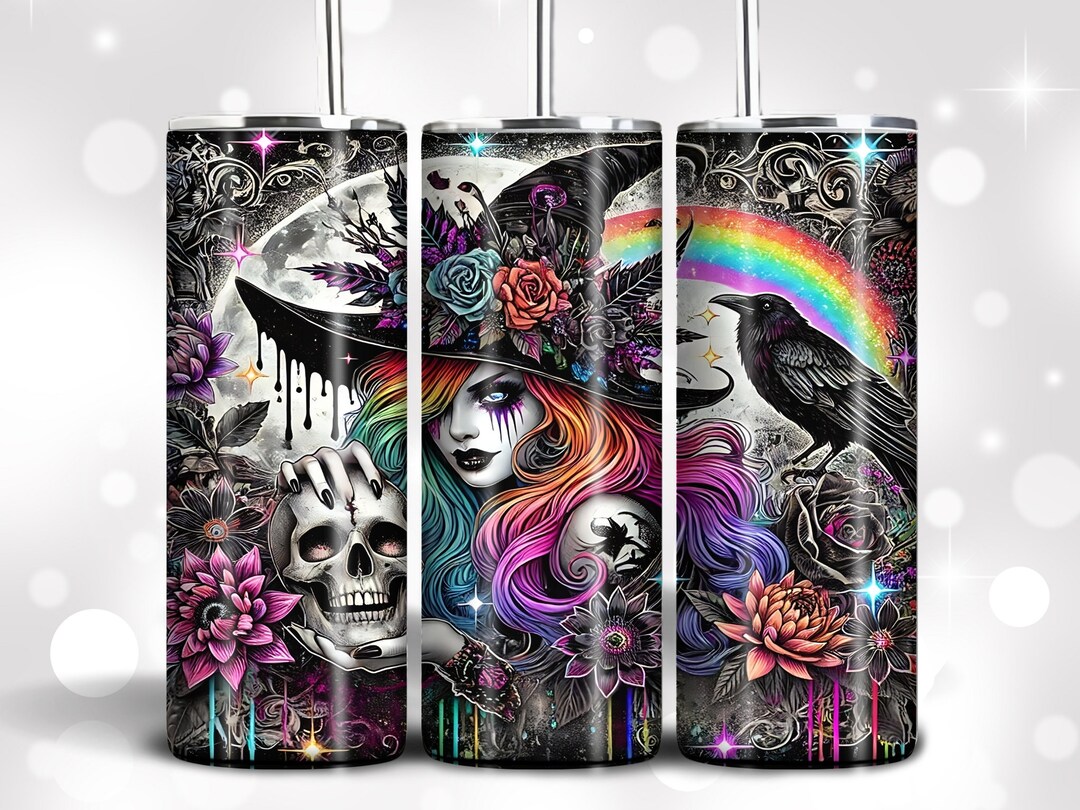 Gothic Rainbow Witch 20oz Skinny Tumbler Wrap, Skull and Crow ...