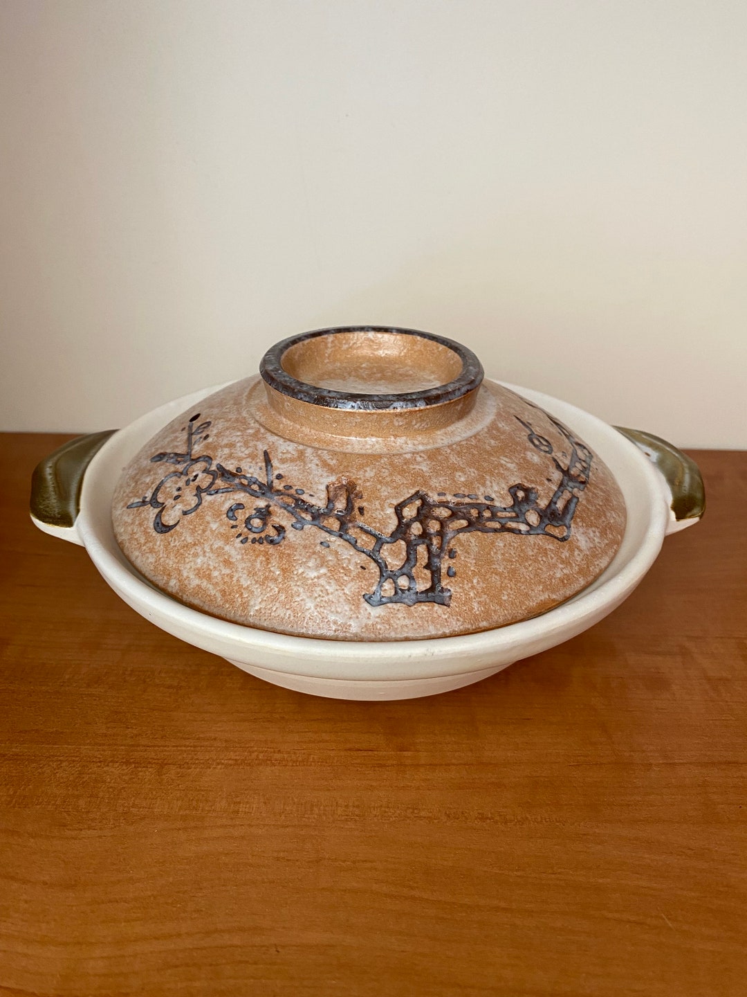 Vintage Donabe Japanese Ceramic Rice Cooker With Burnt Orange Floral ...