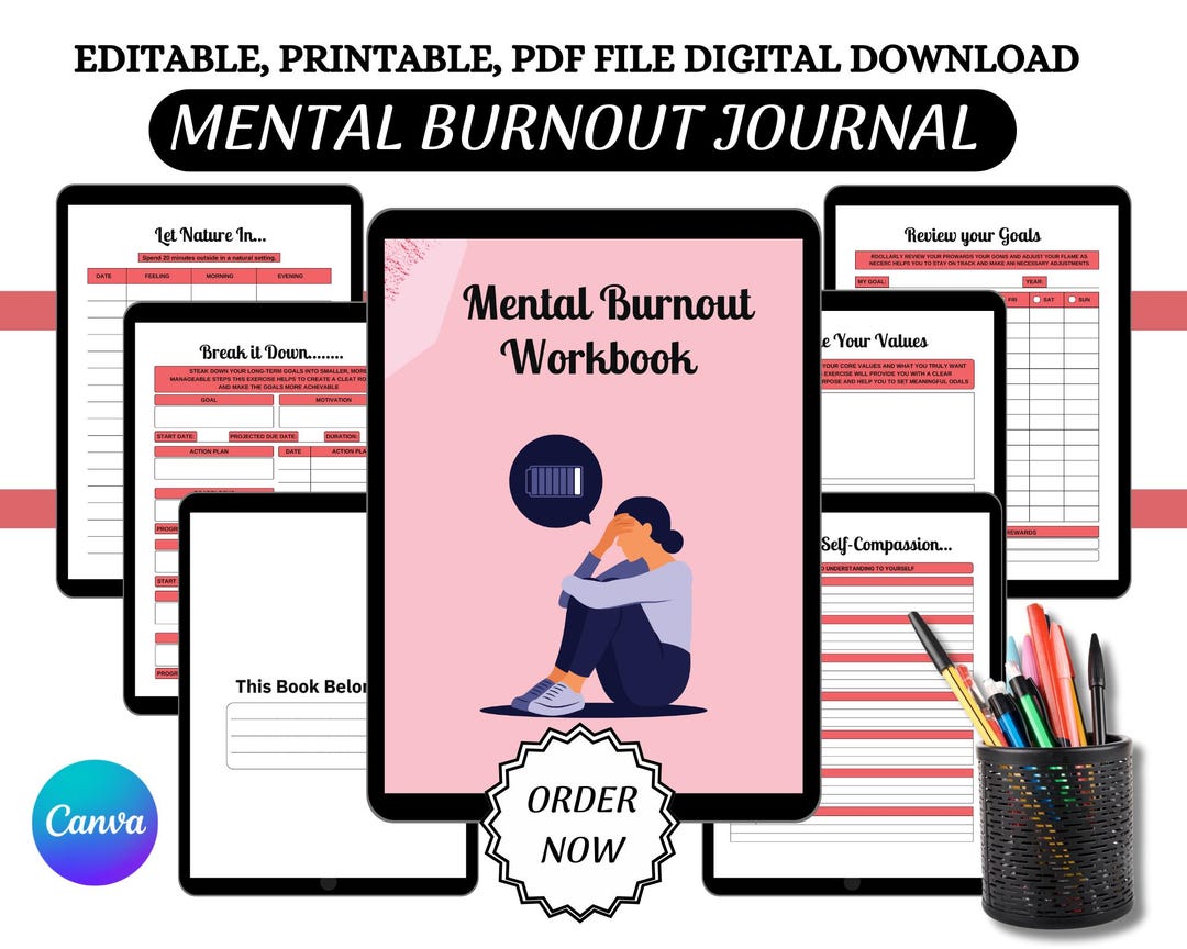Mental Burnout Journal, Printable and Editable Workbook Journal, Mental ...
