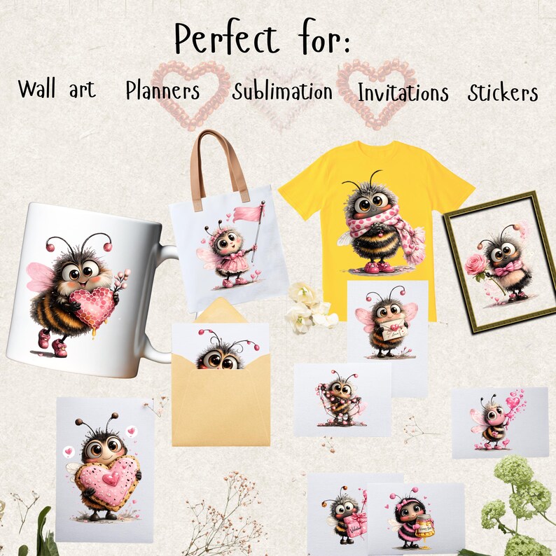 Whimsical Valentine Bee Clipart PNG Bundle | Coquette Valentine Clipart ...