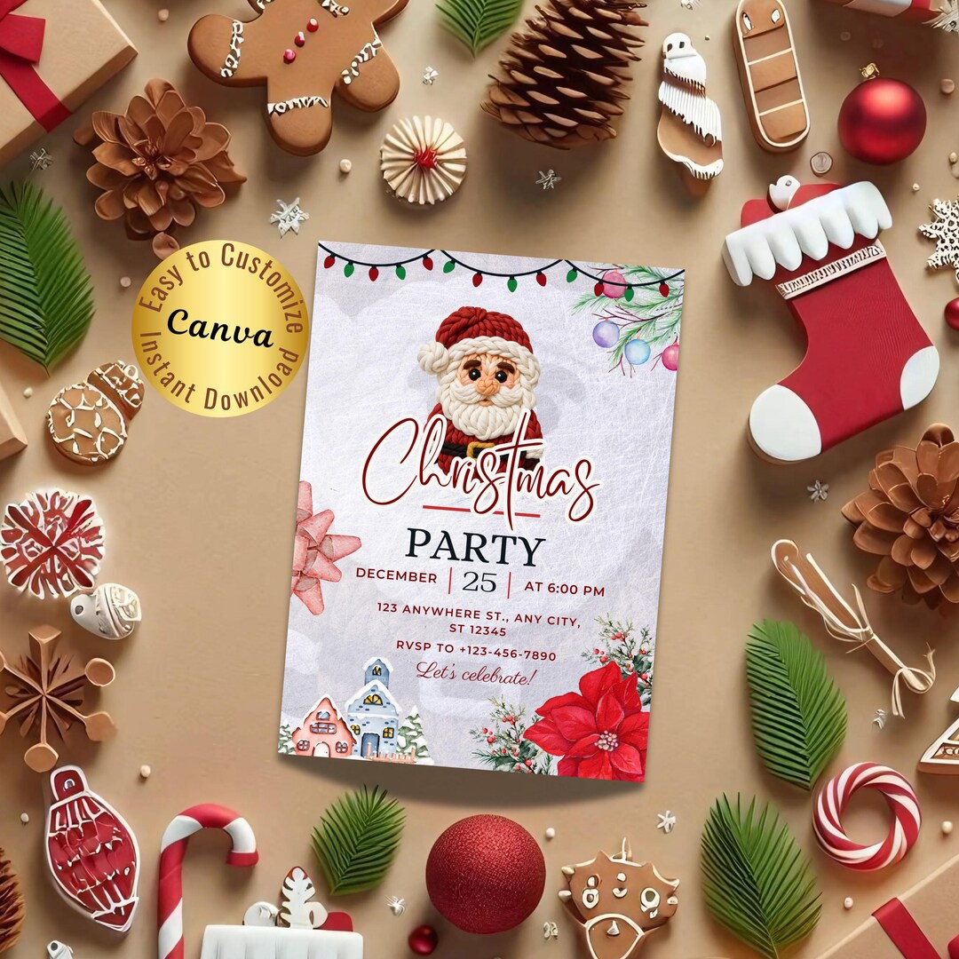 Editable Christmas Party Invitation | Crochet Santa Holiday Invite ...