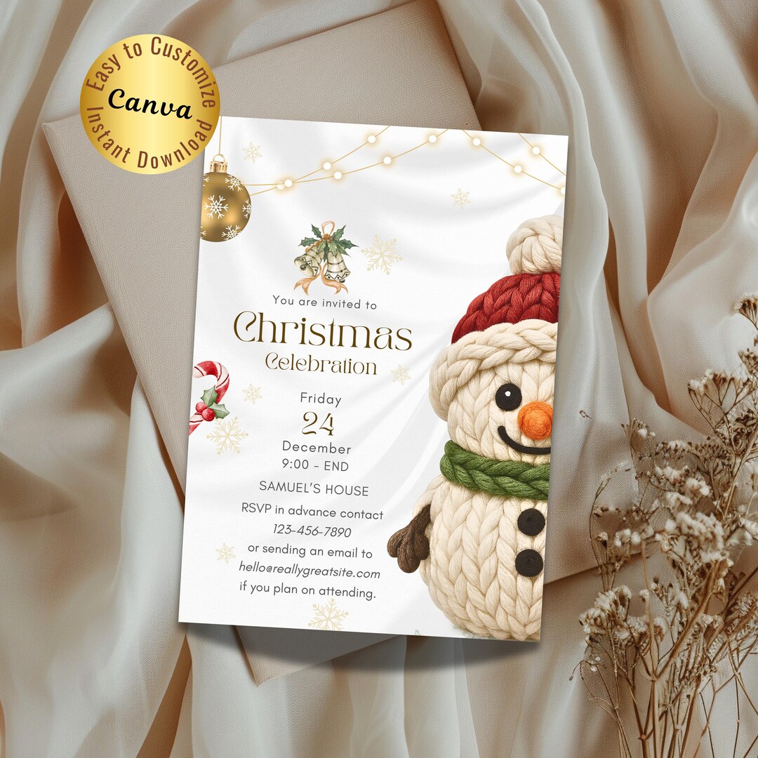 Editable Christmas Invitation | Crochet Snowman Holiday Party Invite ...