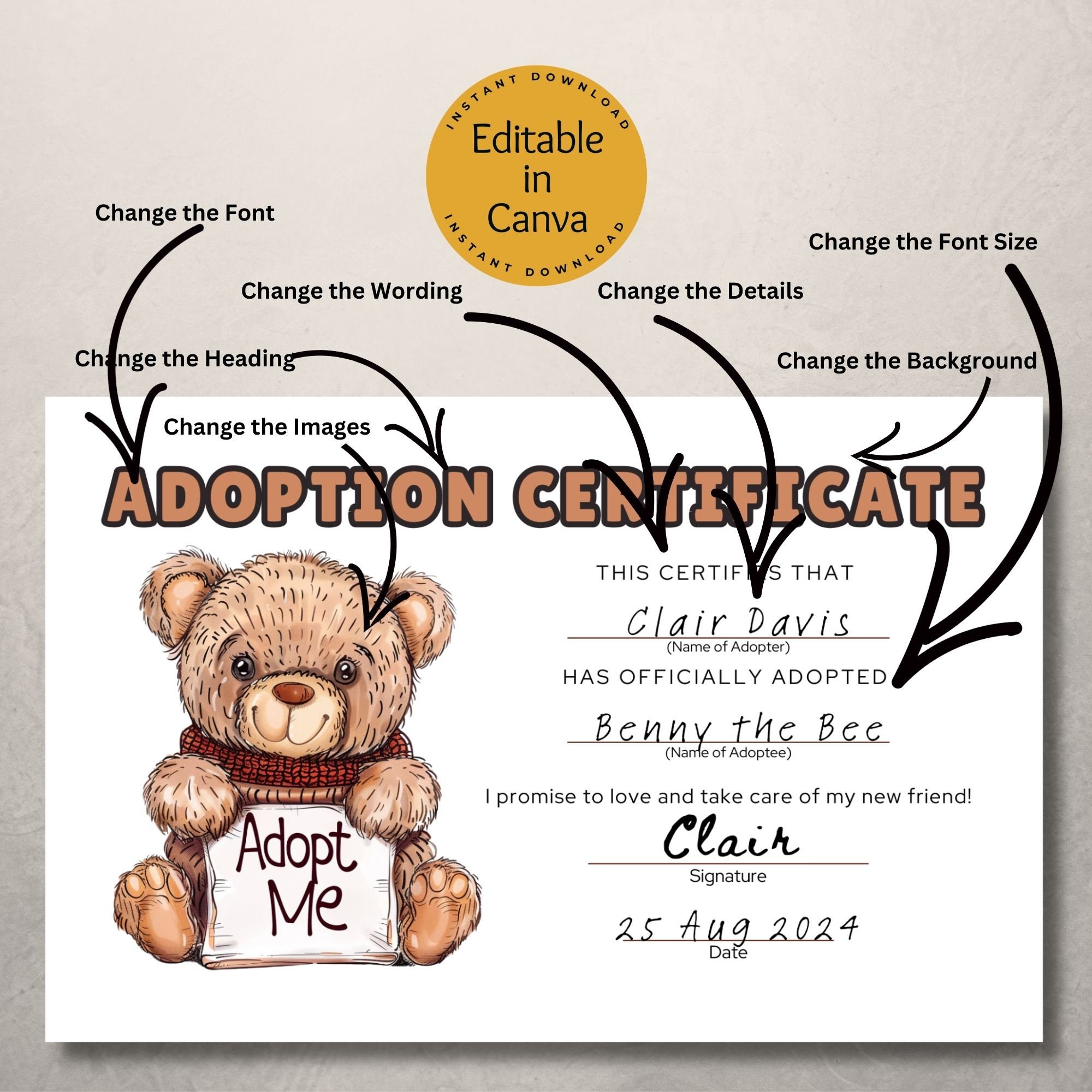 EDITABLE PRINTABLE Toy Adoption Certificate, Instant Download ...