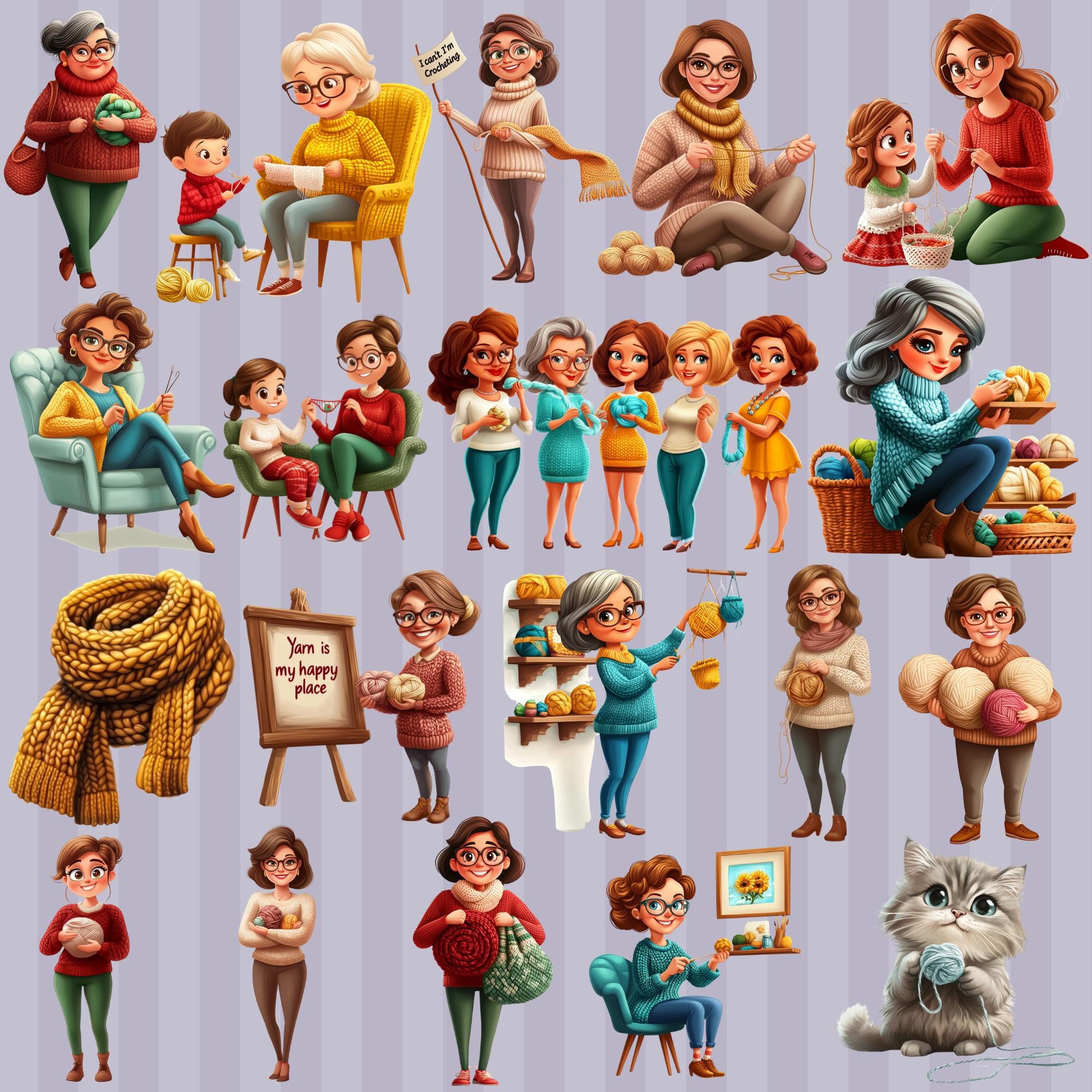 Women With Yarn Clipart Pack, Instant Download, Paper Craft, Gift for ...
