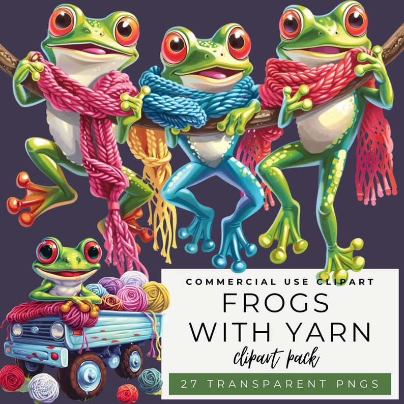 Frogs With Yarn Clipart Pack Digital Download | Cute Frogs | Baby ...