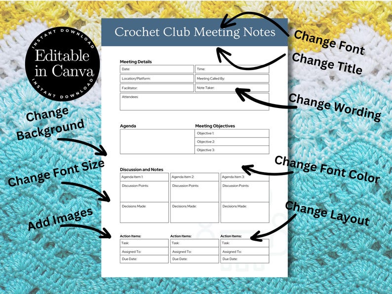 PRINTABLE EDITABLE Crochet Club Meeting Notes Basic Edition, Meeting ...