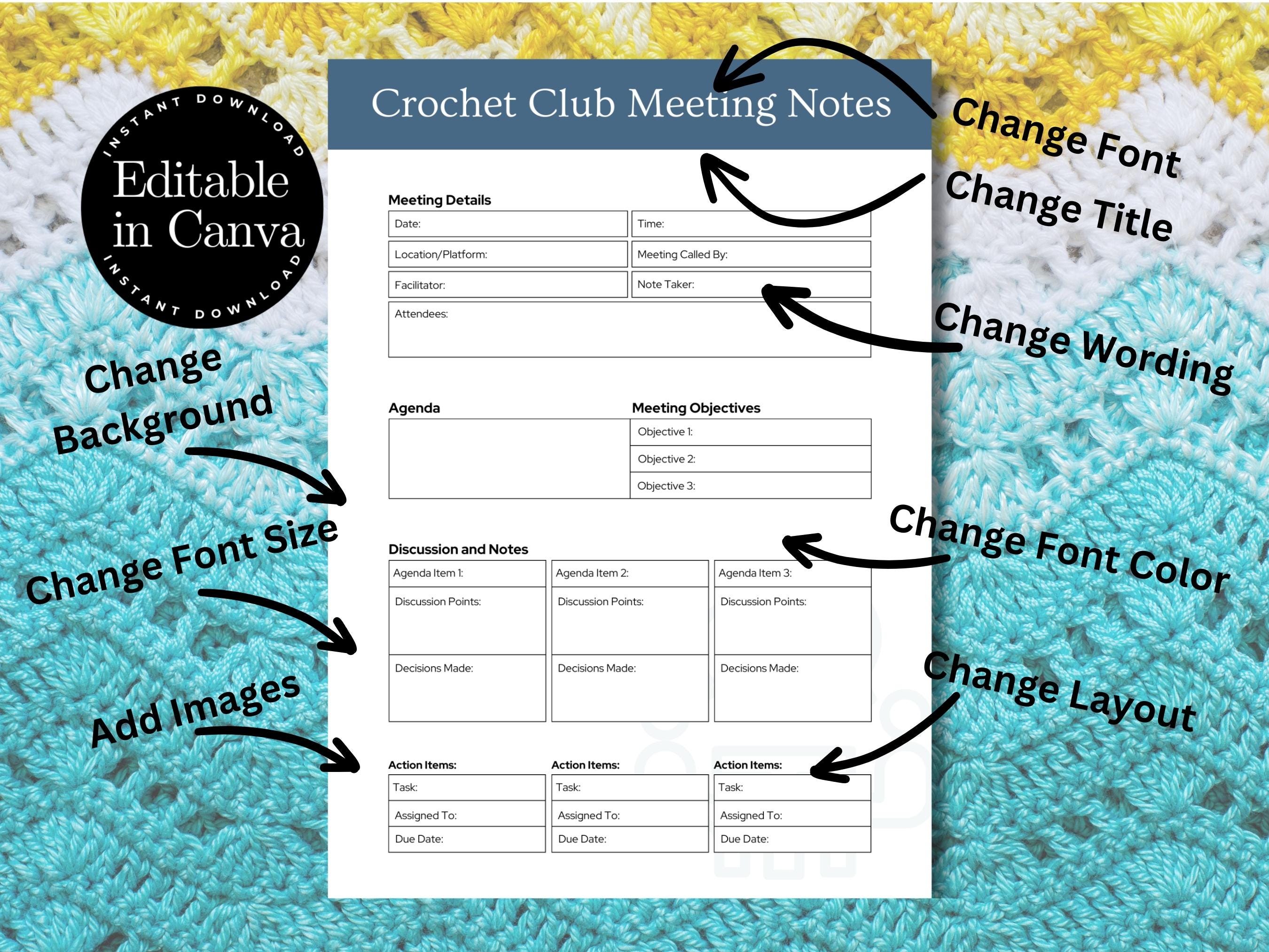 Crochet Club Meeting Notes Template: Printable, Editable (digital ...