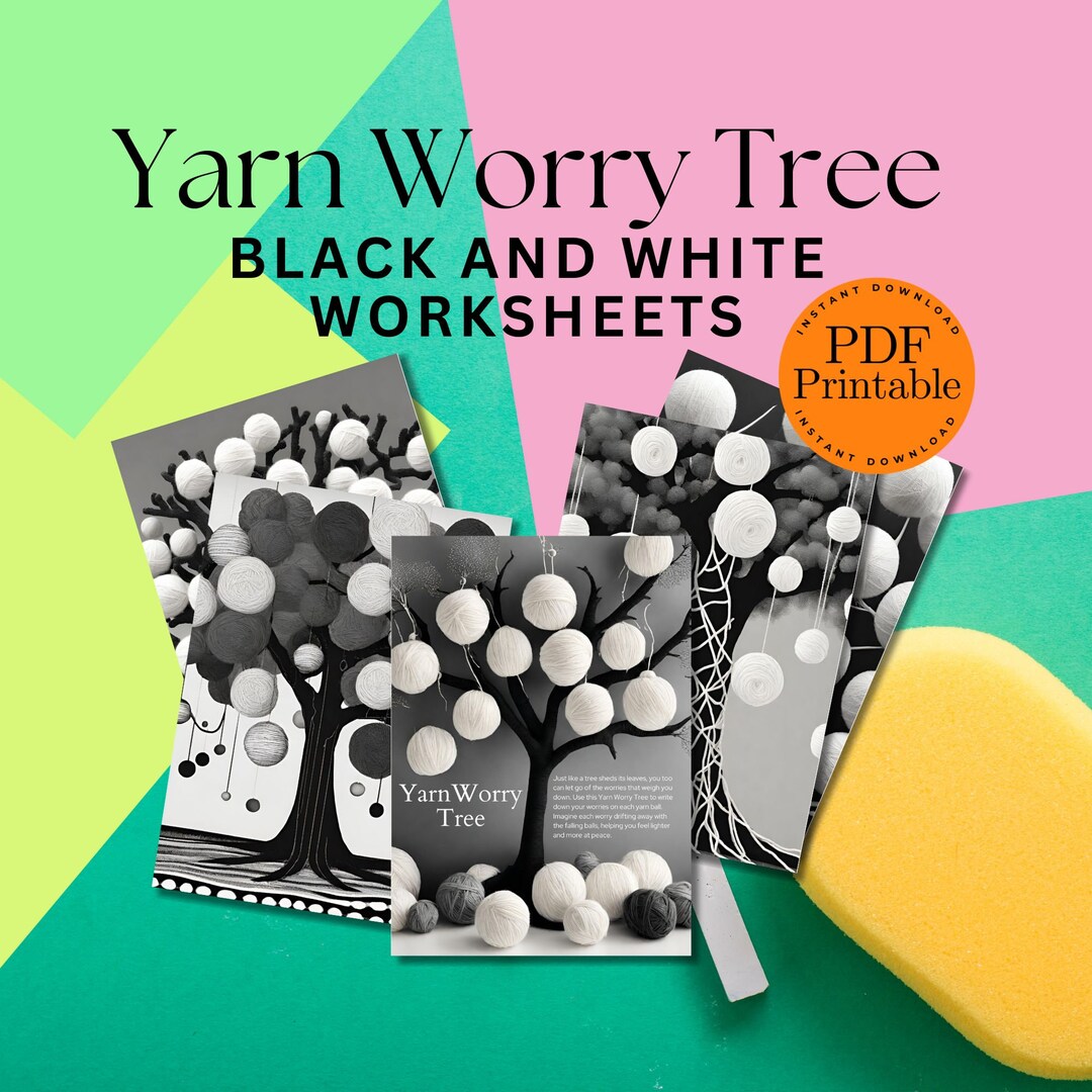 PRINTABLE Black and White Worry Tree PDF Worksheet, Crochet Therapy ...