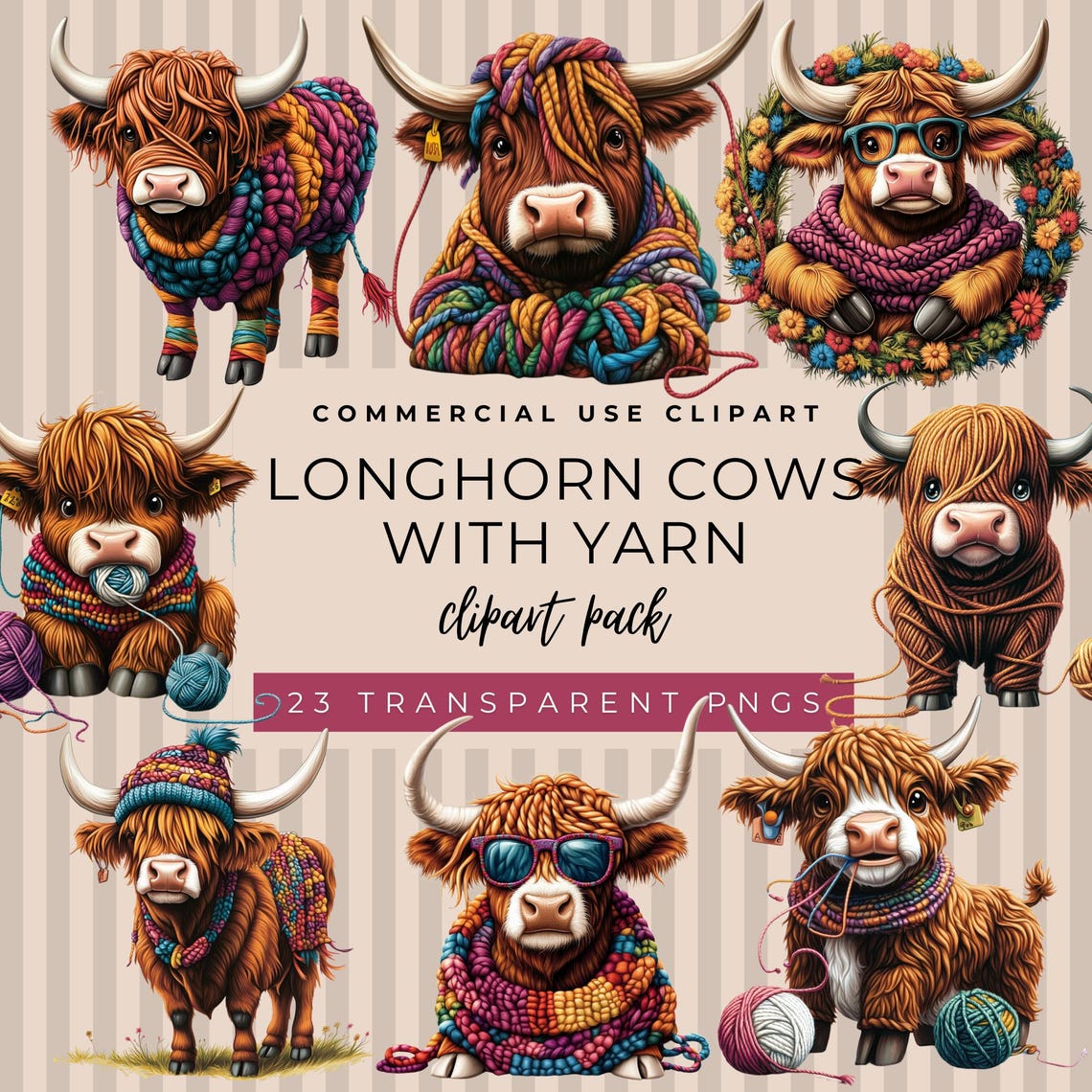 Longhorn Cow Yarn Clipart: Boho Farm Animal PNG (commercial Use) - Etsy