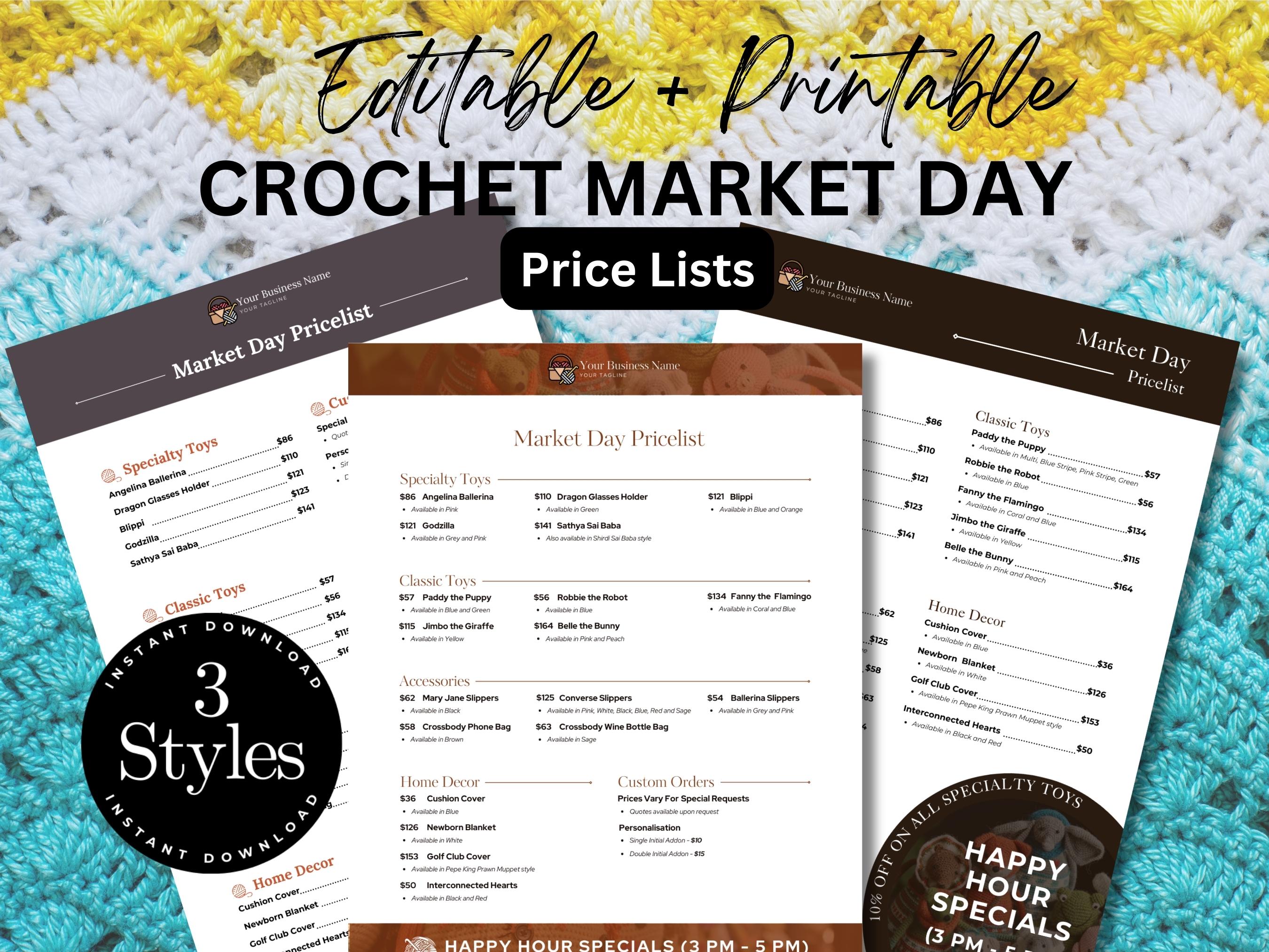 EDITABLE + PRINTABLE Crochet Market Day Price Lists - Printable Price ...