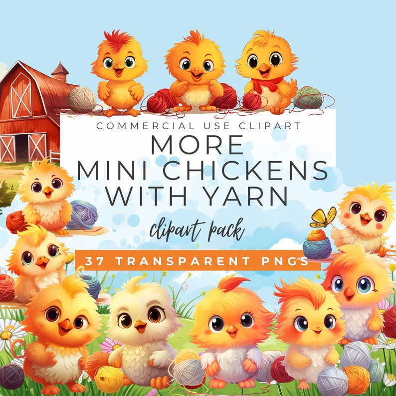 More Mini Chickens With Yarn Clipart Pack | Farm Animal Clip Art ...