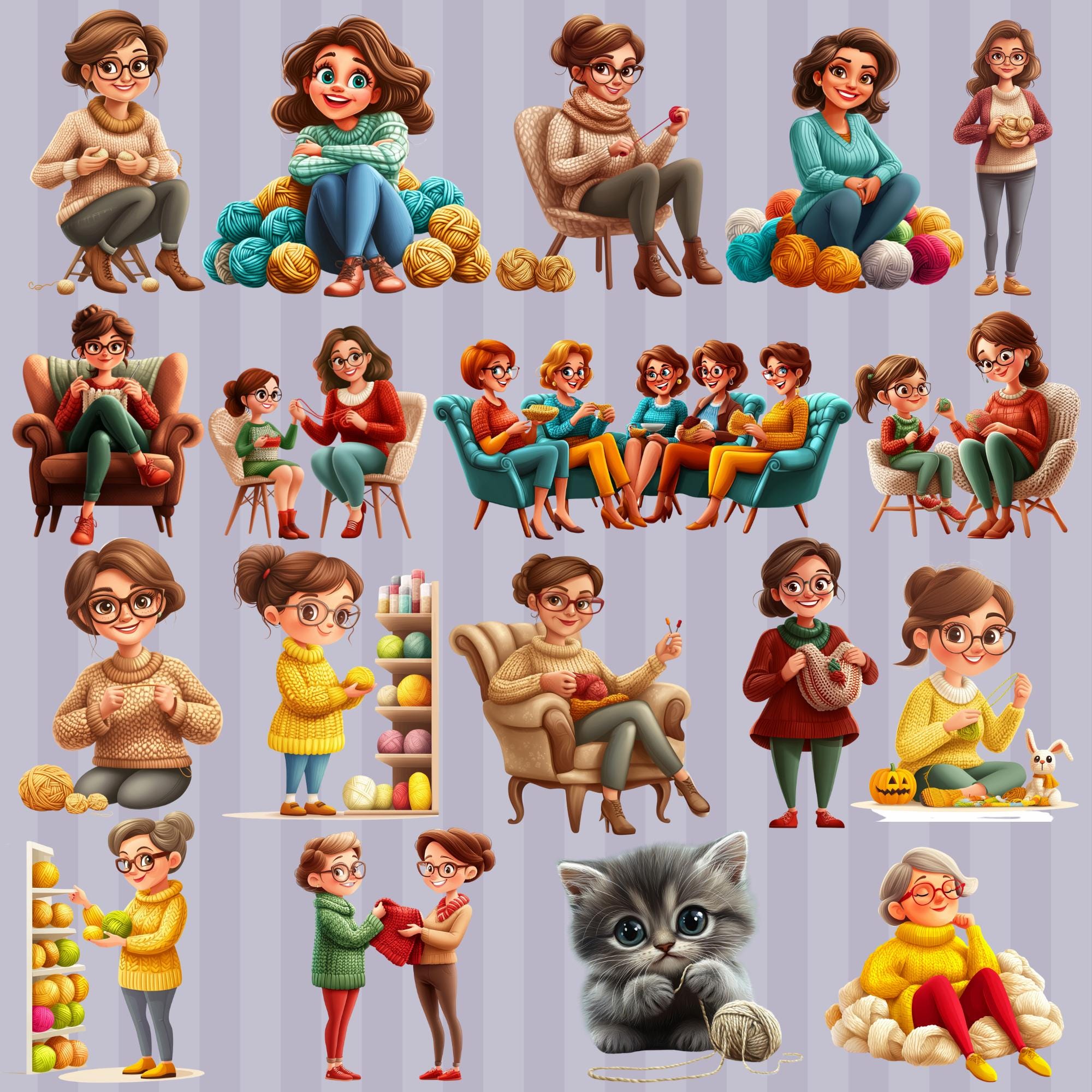 Women With Yarn Clipart Pack, Instant Download, Paper Craft, Gift for ...