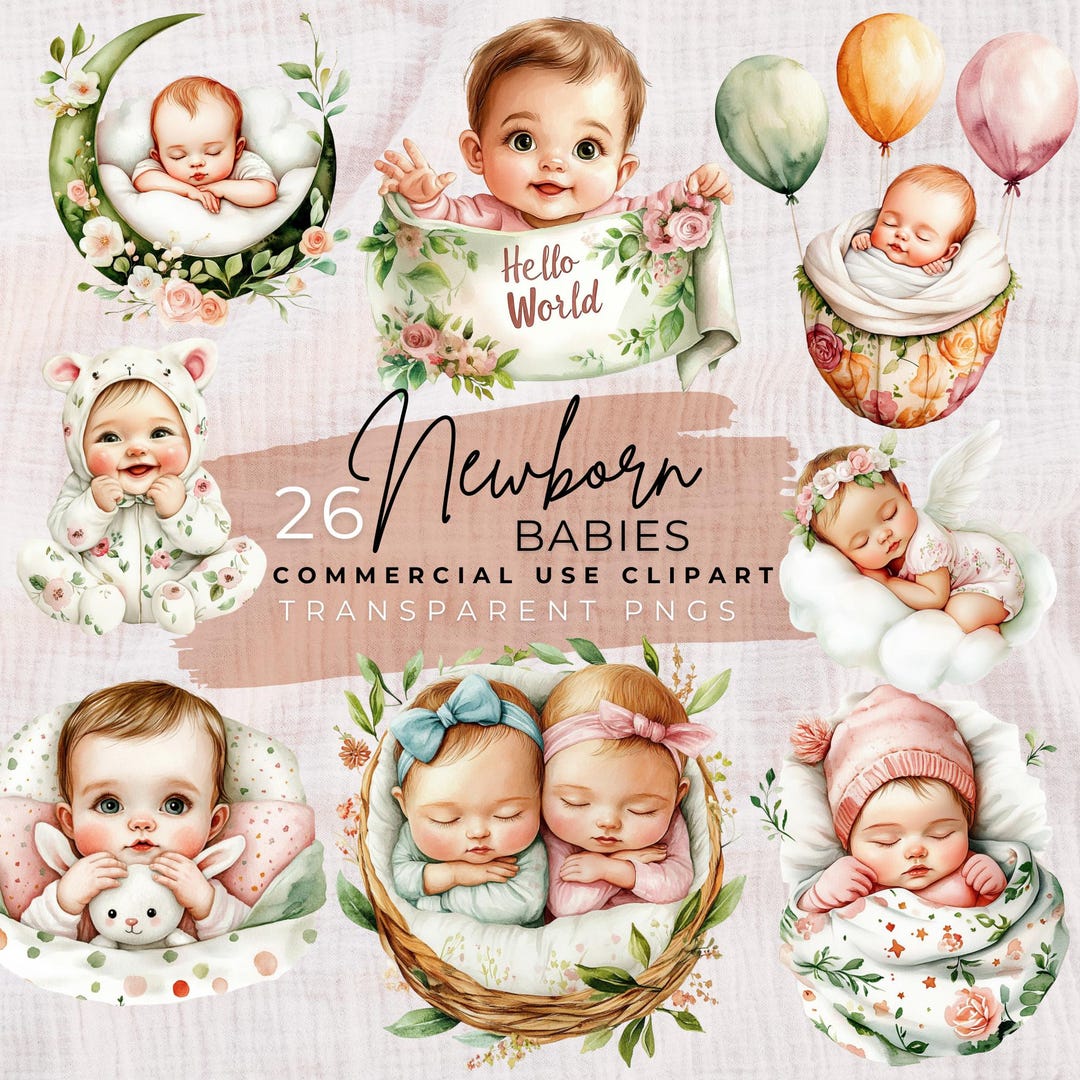 Watercolor Newborn Baby Clipart: 26 PNG Illustrations (digital Download ...