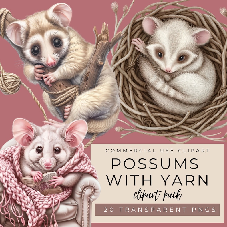 Possums With Yarn Clipart Pack, Possum Png | Digital Download | Possum Bundle | Raccoon Png ...