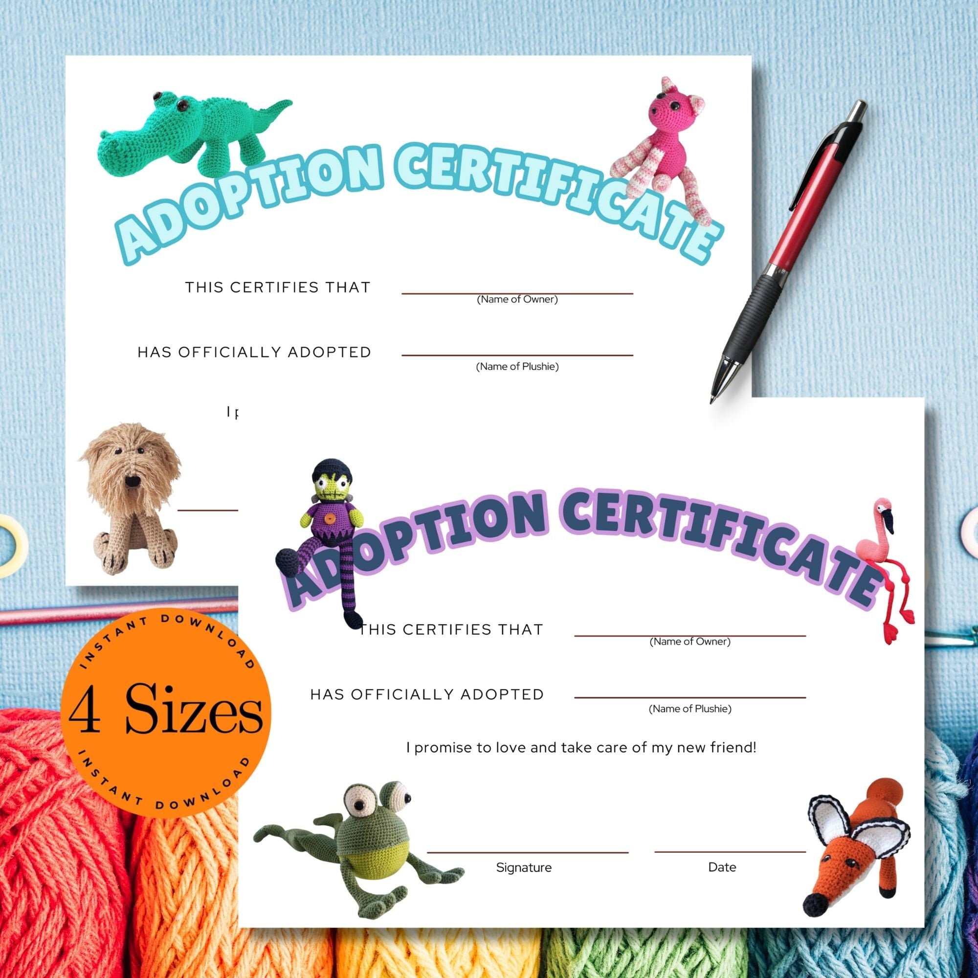 PRINTABLE Plush Adoption Certificate | Instant Download PDF | Whimsical Amigurumi | Boy Plush ...