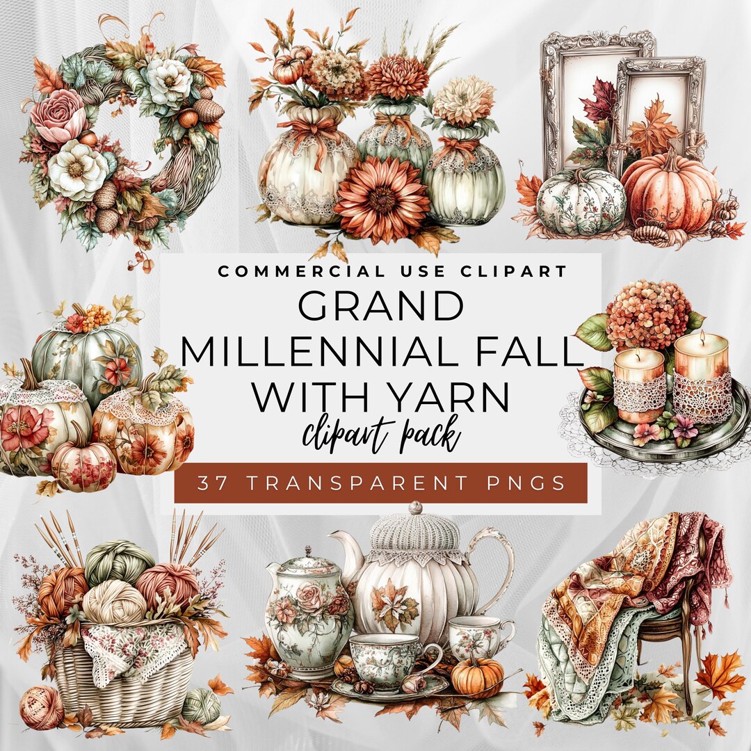 Grandmillennial Fall Clipart: Pumpkin & Yarn Wreath (PNG) - Etsy