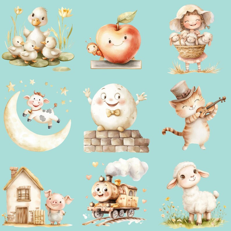 Nursery Rhymes Clipart, Watercolor Digital Download, Nursery Decor ...