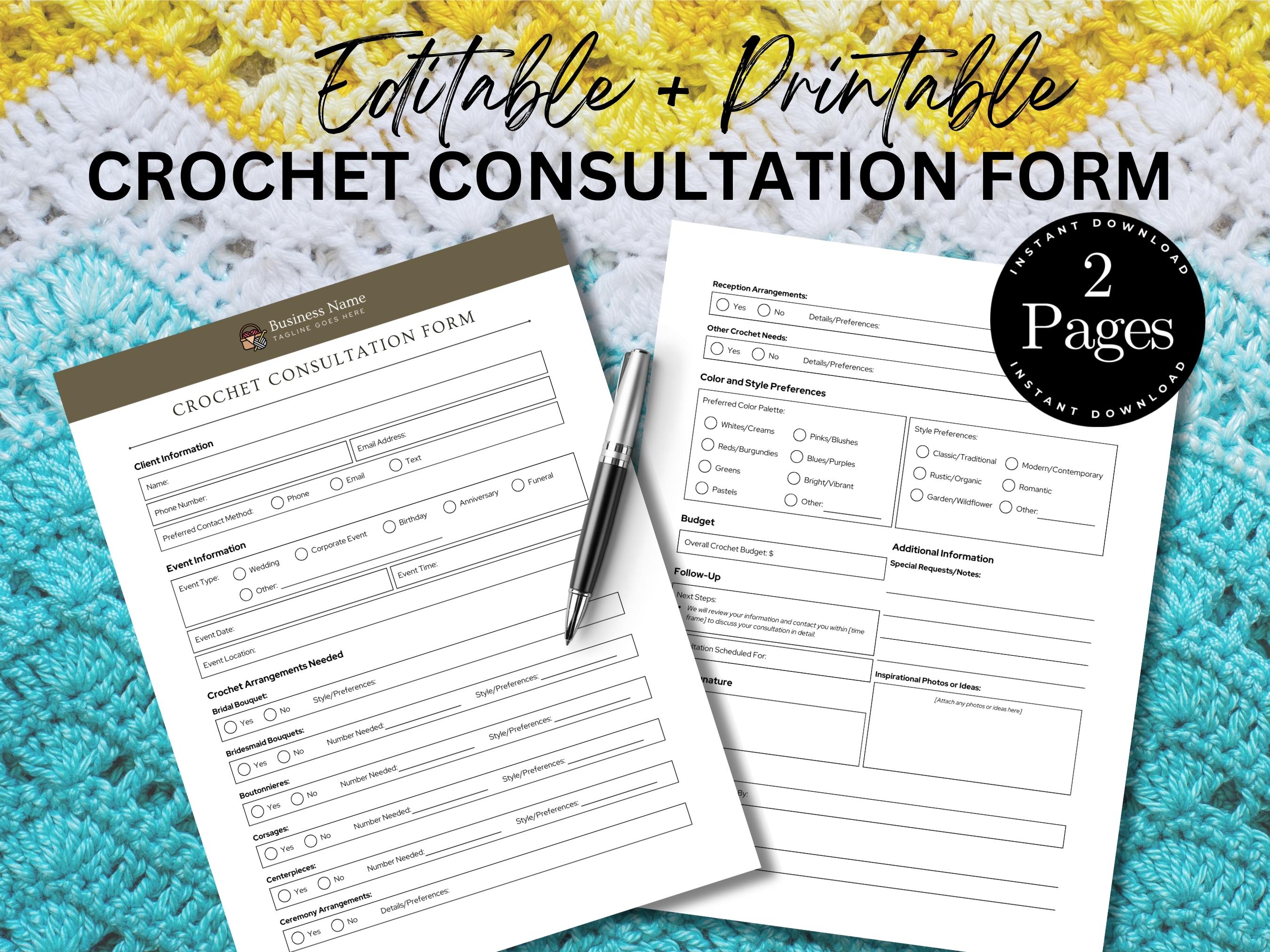 EDITABLE PRINTABLE Crochet Consultation Form, Client Intake Form, Edit ...