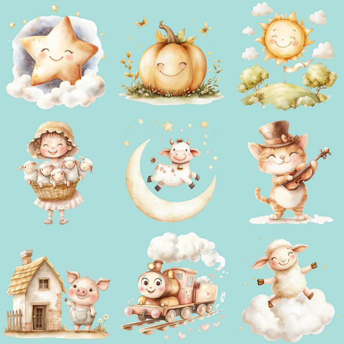 Nursery Rhymes Clipart, Watercolor Digital Download, Nursery Decor ...