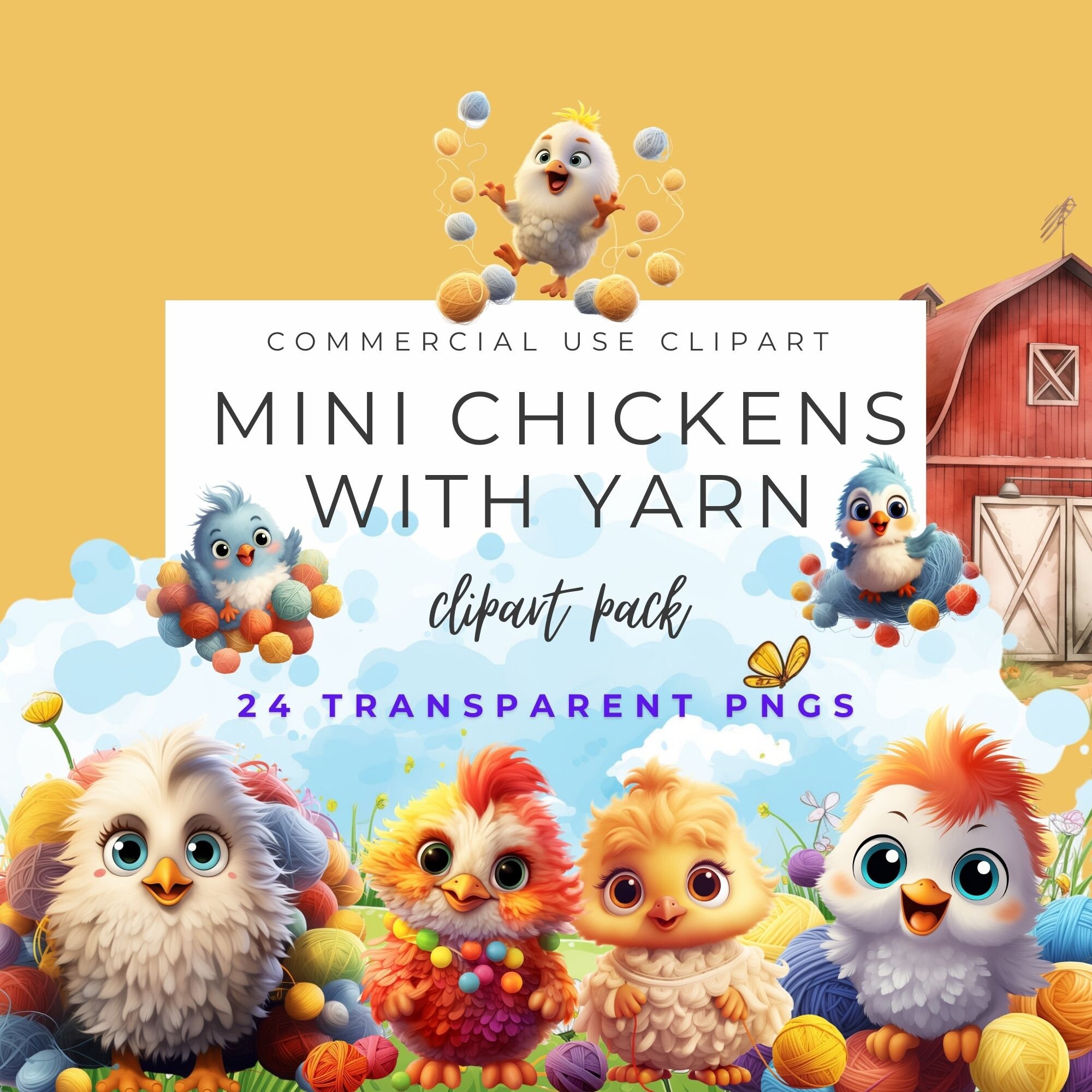 Mini Chickens With Yarn Clipart Pack| Baby Chick Clipart | Farm Animal ...