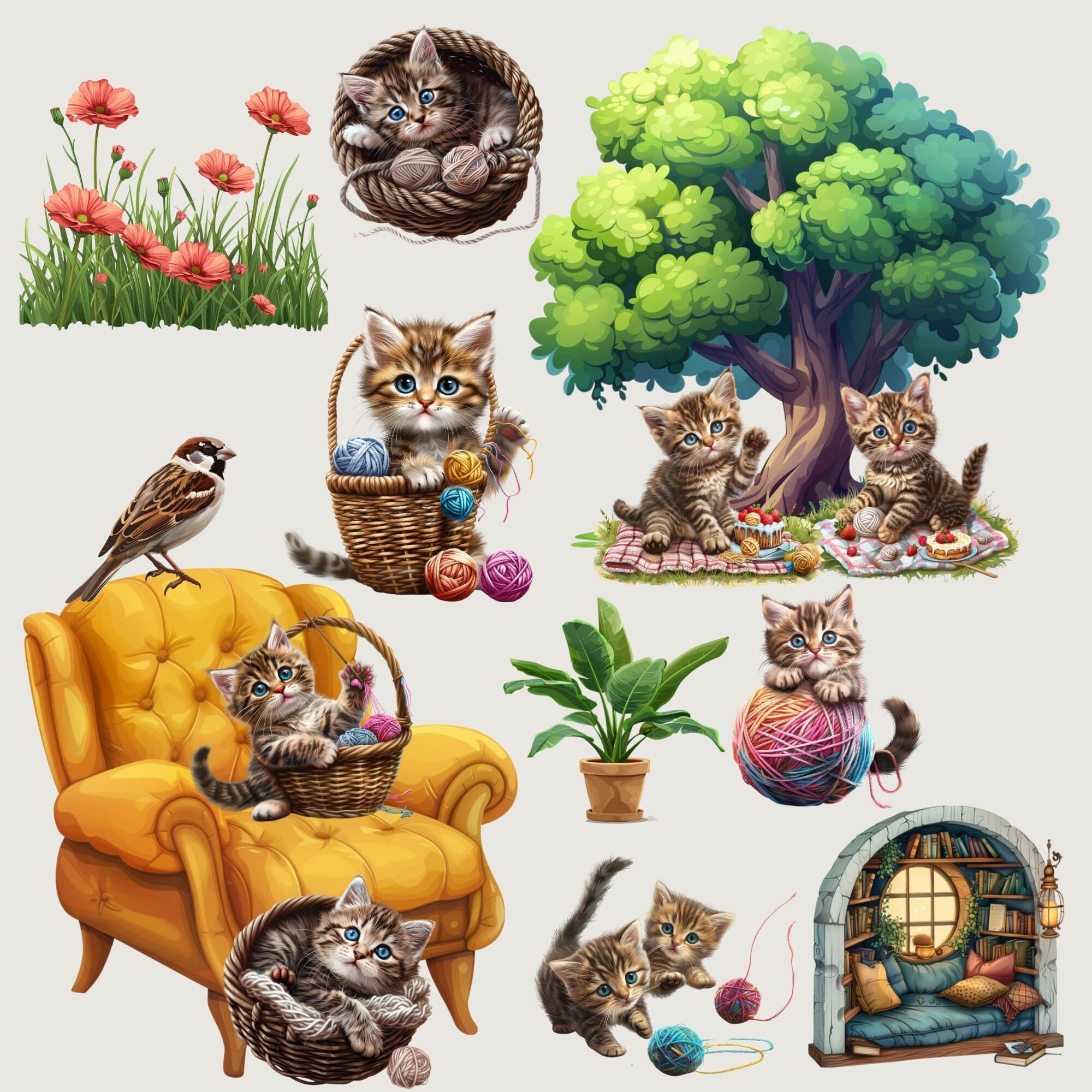 Cats With Yarn Clipart Pack Cat Clipart Cute Graphics Png Cat ...