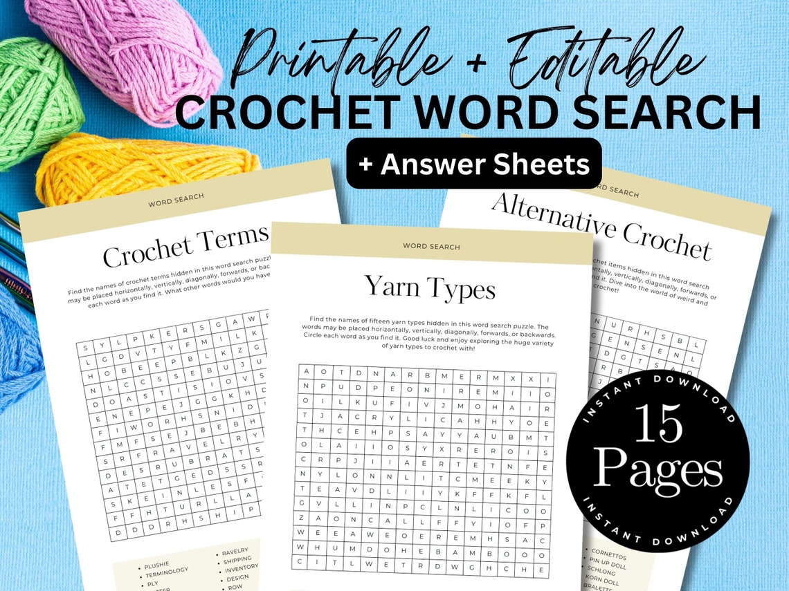 PRINTABLE + EDITABLE Crochet Word Search Sheets | Printable Trivia ...