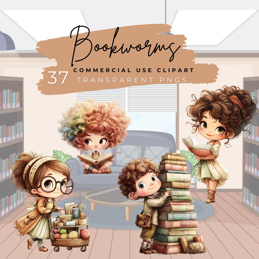 Bookworms Clipart, Cozy Reading PNG, Digital Download for Book Lovers ...